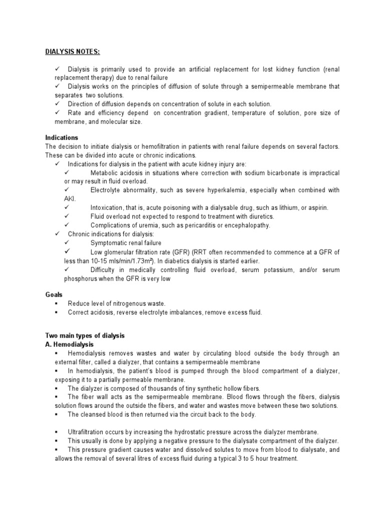 Dialysis Notes 1 | PDF | Dialysis | Hemodialysis