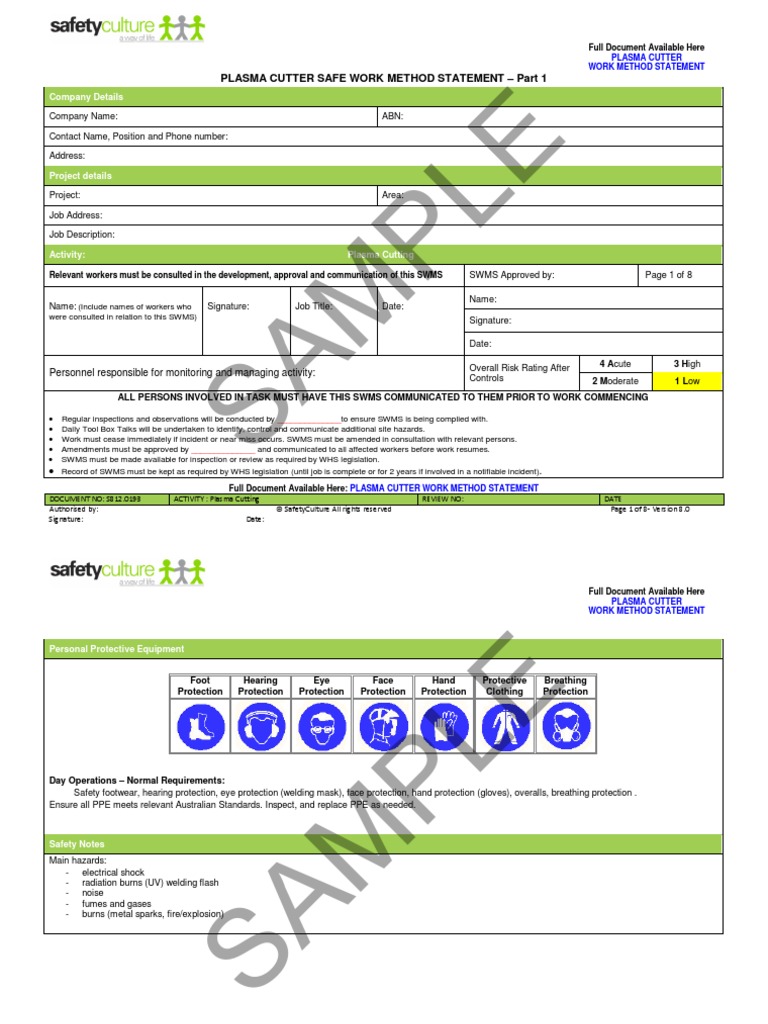 Plasma Cutter Work Method Statement (SWMS) V8 | PDF