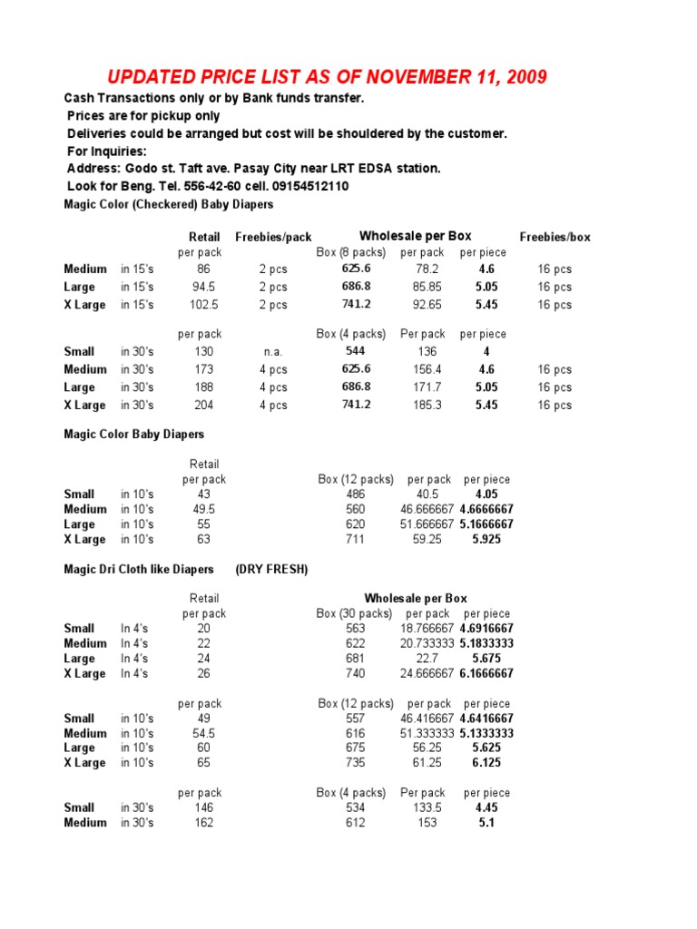 Updated Diaper Prices NOV 11 2009 | PDF | Business Economics | Services ...
