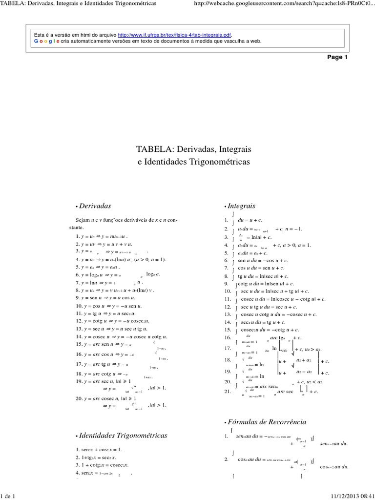 Tabela Integral E Derivada Tabela Derivadas E Integrais | PDF | Xadrez
