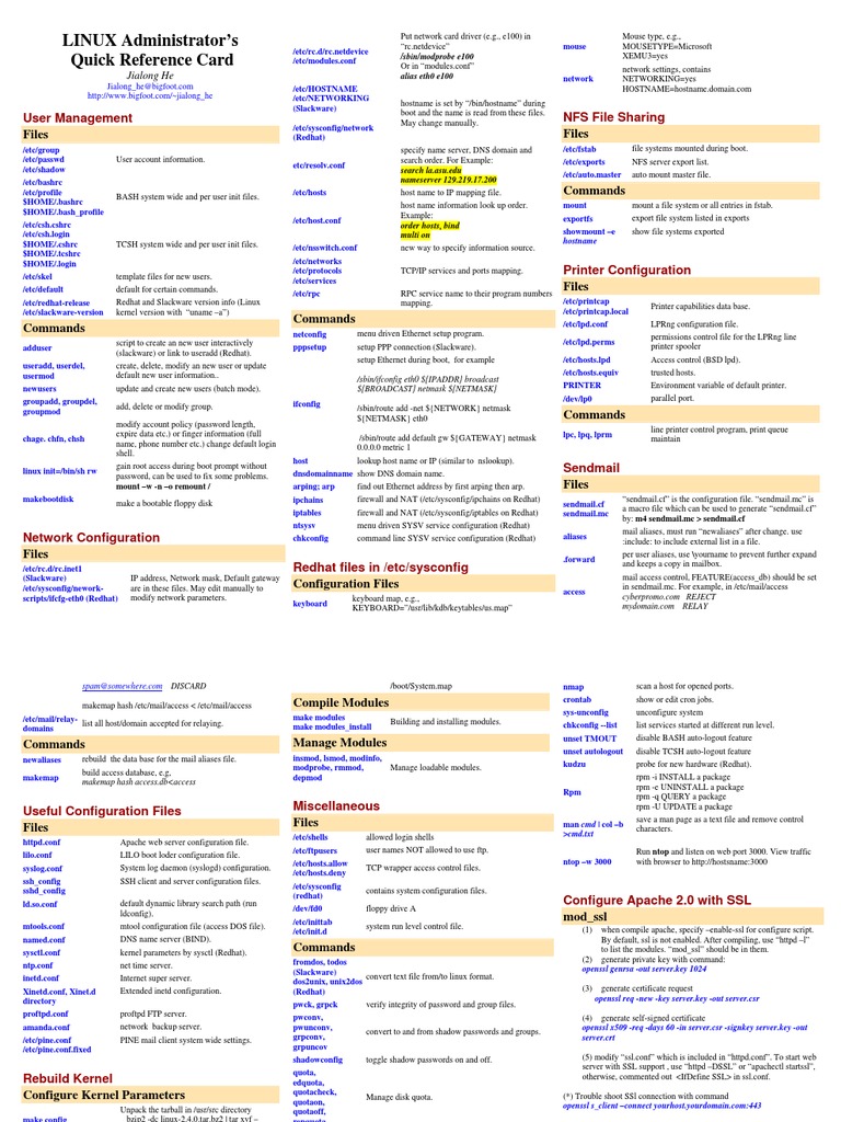 Linux Admin Quick Reference Guide | PDF | Transmission Control Protocol | Operating System ...