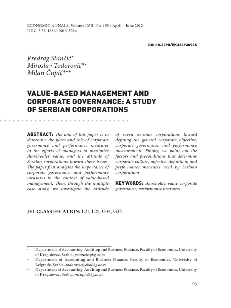 Value-Based Management and | PDF | Shareholder Value | Corporate Governance