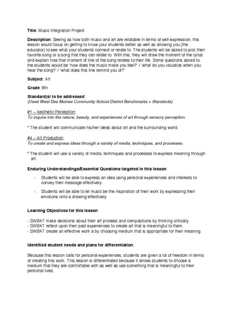 Music Integration Lesson Plan | Perception | Aesthetics | Free 30-day ...