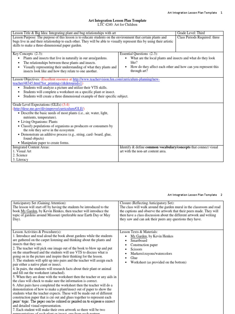 LTC 4240 Art Integration Lesson Plan Template | PDF | Lesson Plan ...