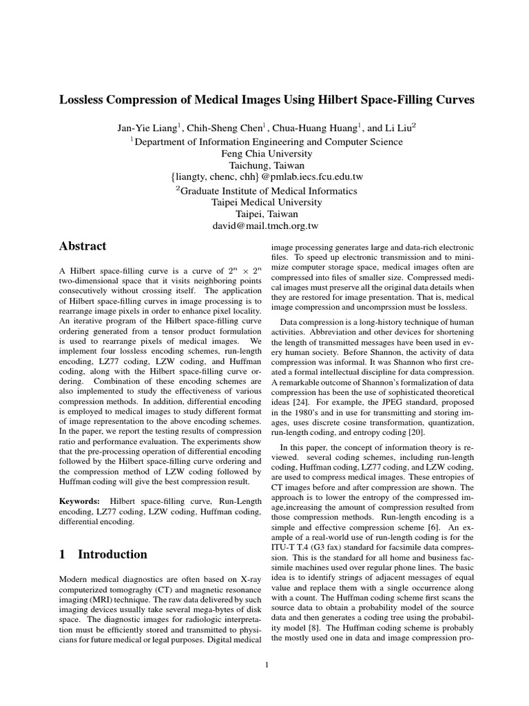Lossless Compression of Medical Images Using Hilbert Space-Filling Curves | PDF | Data ...