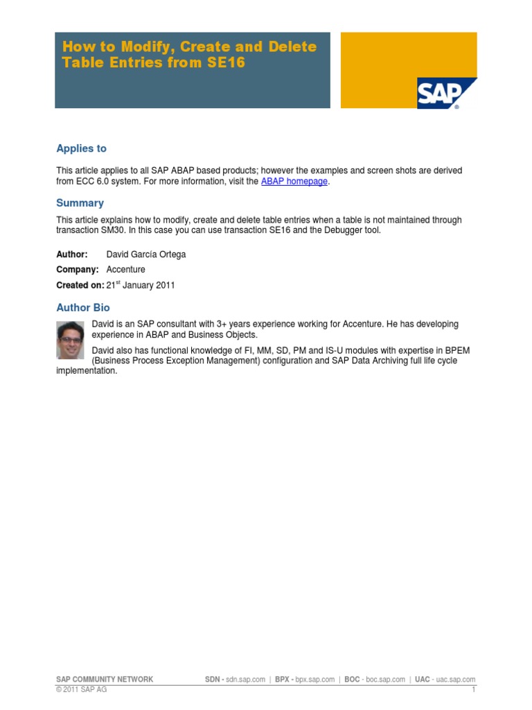 How To Modify, Create and Delete Table Entries From SE16 | PDF ...