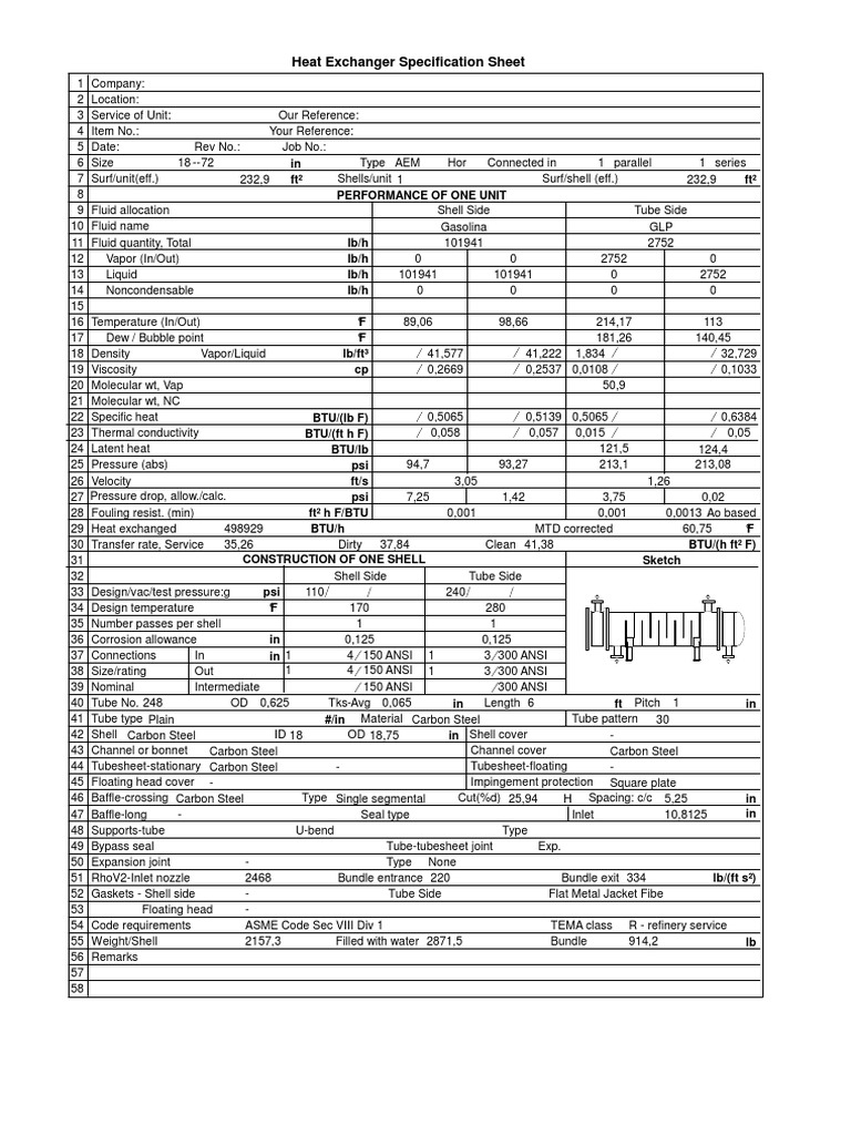 Heat Exchanger Specification Sheet: in FT FT Performance of One Unit ...