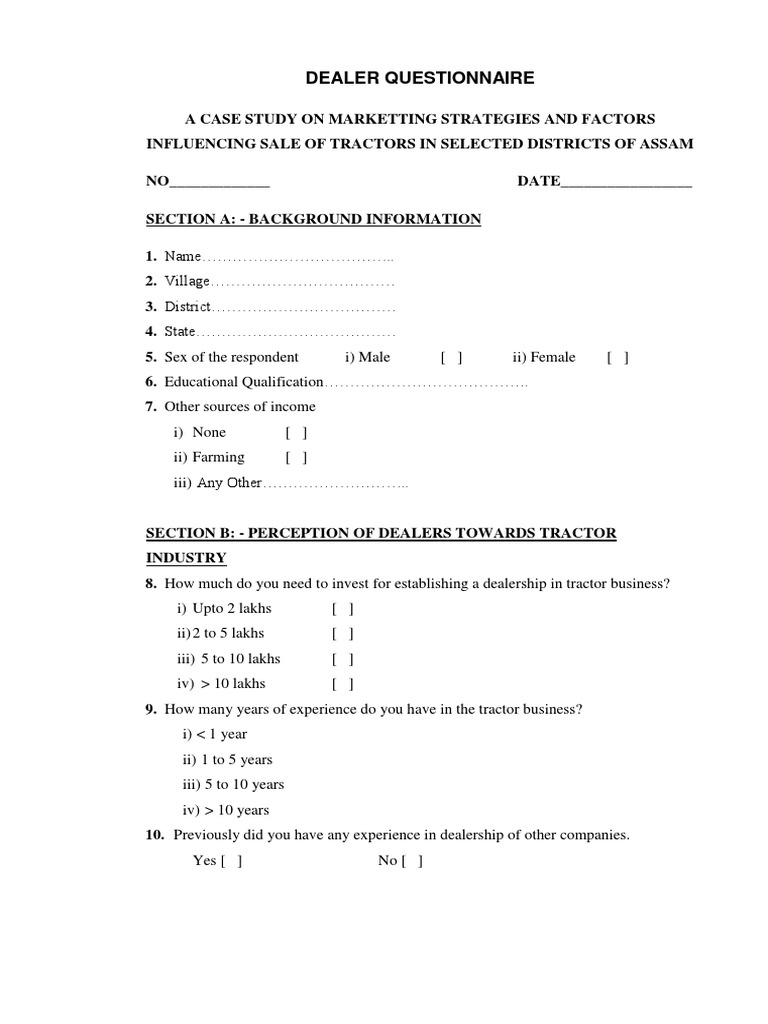 Dealer Questionnaire | PDF | Market (Economics) | Business Economics