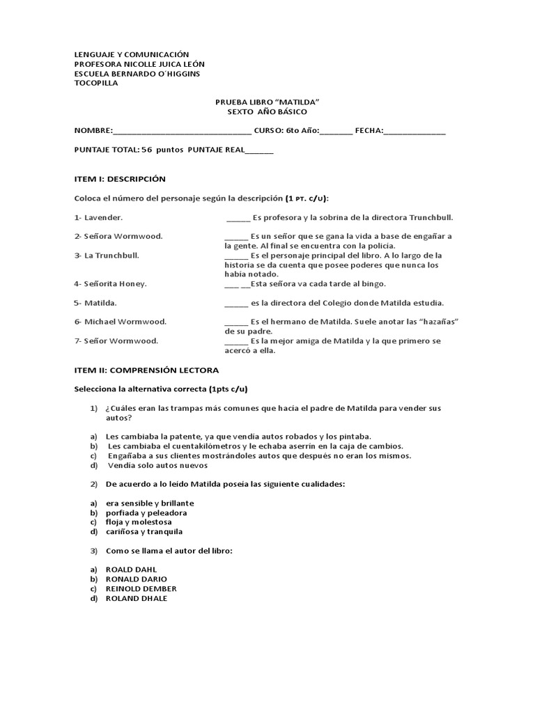 Prueba Libro Matilda | PDF | Novelas adaptadas a películas | Novelas británicas adaptadas a ...