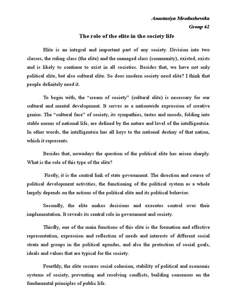 The Role of The Elite in The Society Life | PDF | Elite | Norm (Social)