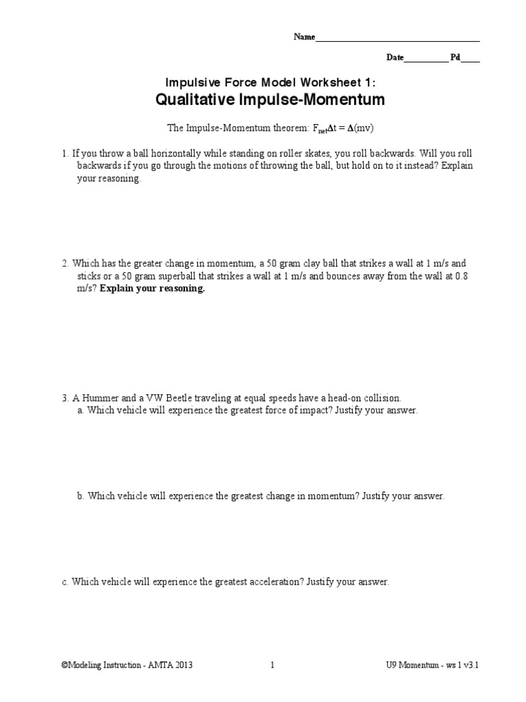 Qualitative Impulse-Momentum: Impulsive Force Model Worksheet 1 | PDF ...