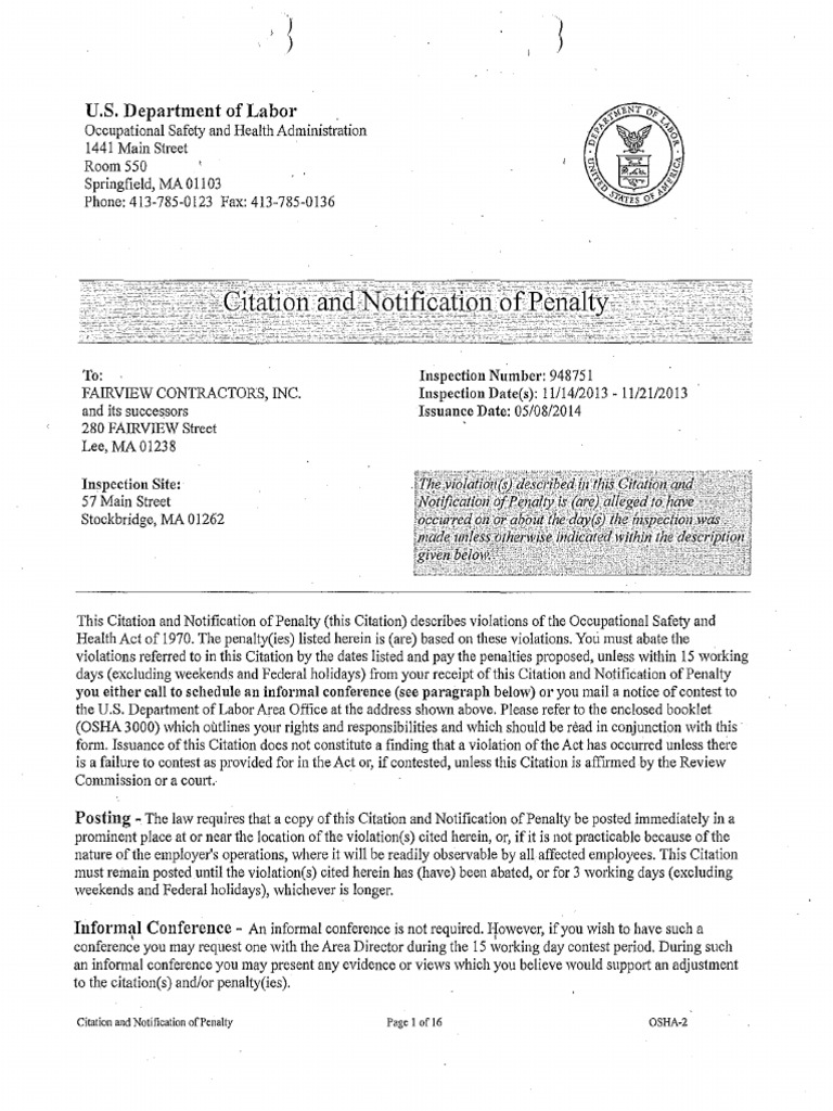 OSHA Citation for Fairview Contractors | PDF | Occupational Safety And ...