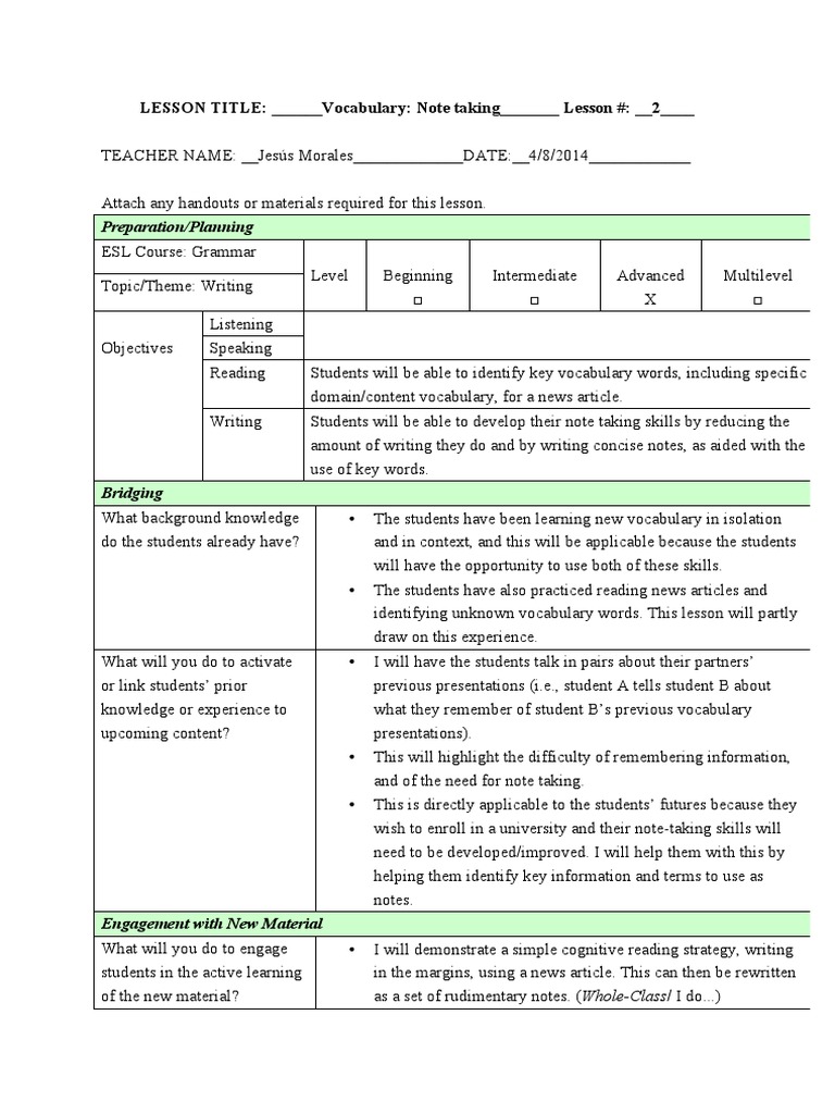 Note Taking LP | PDF | Reading Comprehension | Vocabulary