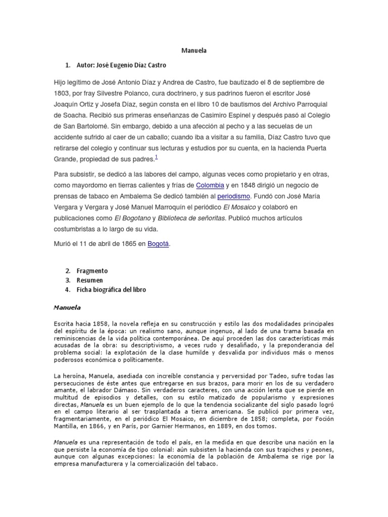 Manuela: Novela de José Eugenio Díaz | PDF | Novelas