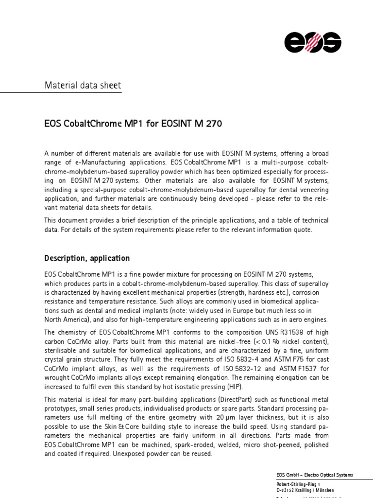 CoCr MP1 M270 Material Data Sheet | PDF | Building Materials | Metals