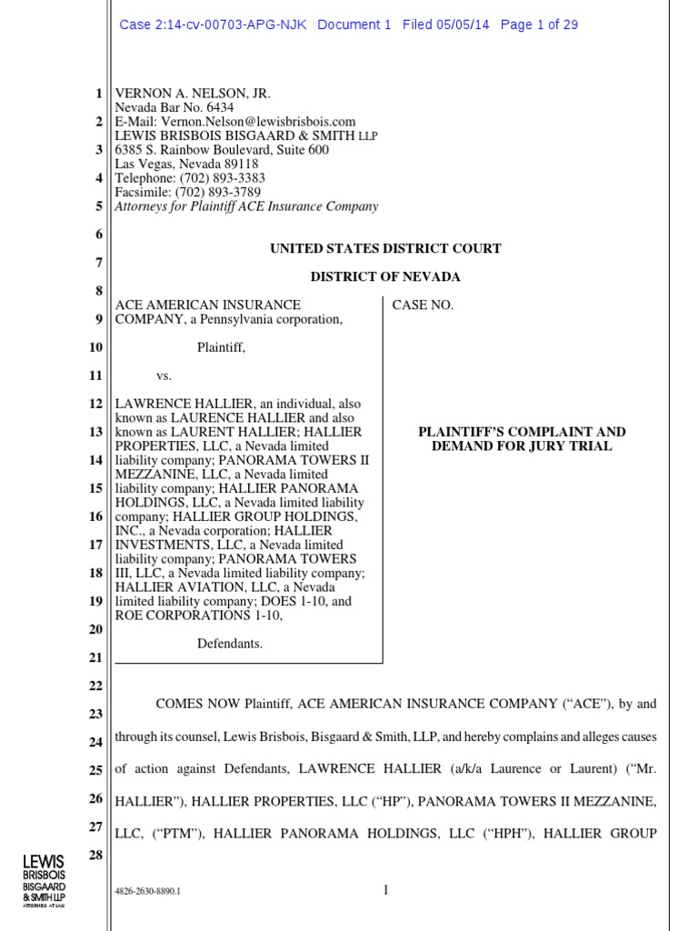 ACE AMERICAN INSURANCE COMPANY v. HALLIER Et Al Complaint | PDF ...