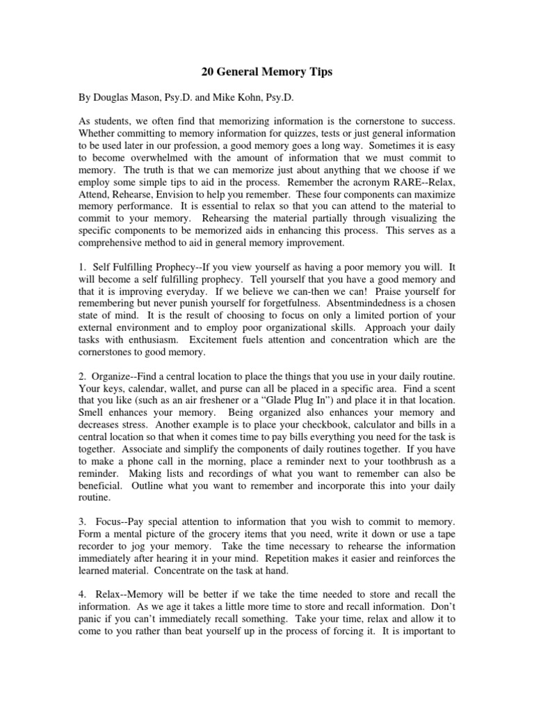 20 General Memory Tips | PDF | Mental Image | Memory