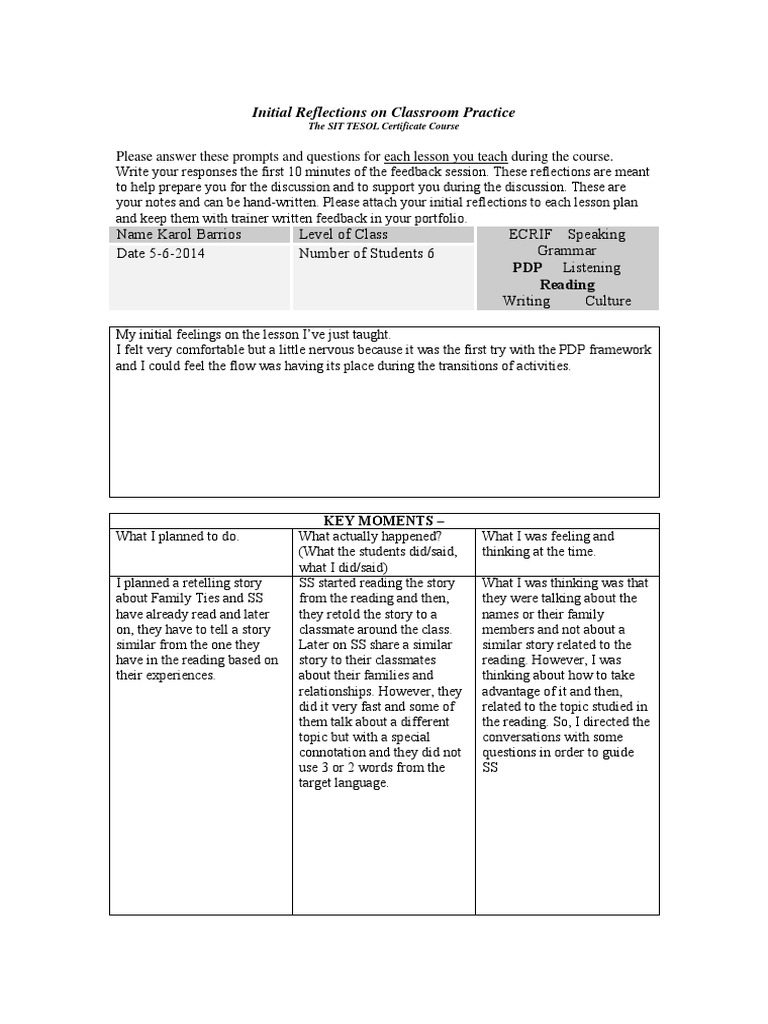 Reflection Karol B 06052014 PDP Framework | PDF | English As A Second Or Foreign Language | Teaching
