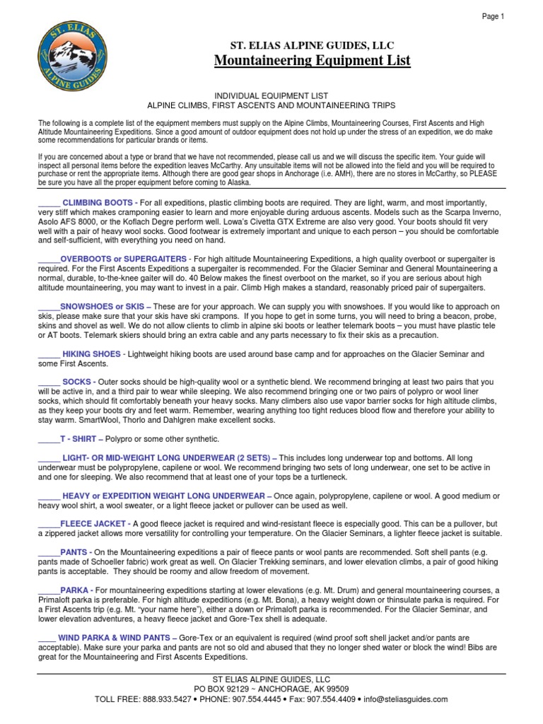 Essential Mountaineering Equipment List | PDF | Mountaineering | Wool