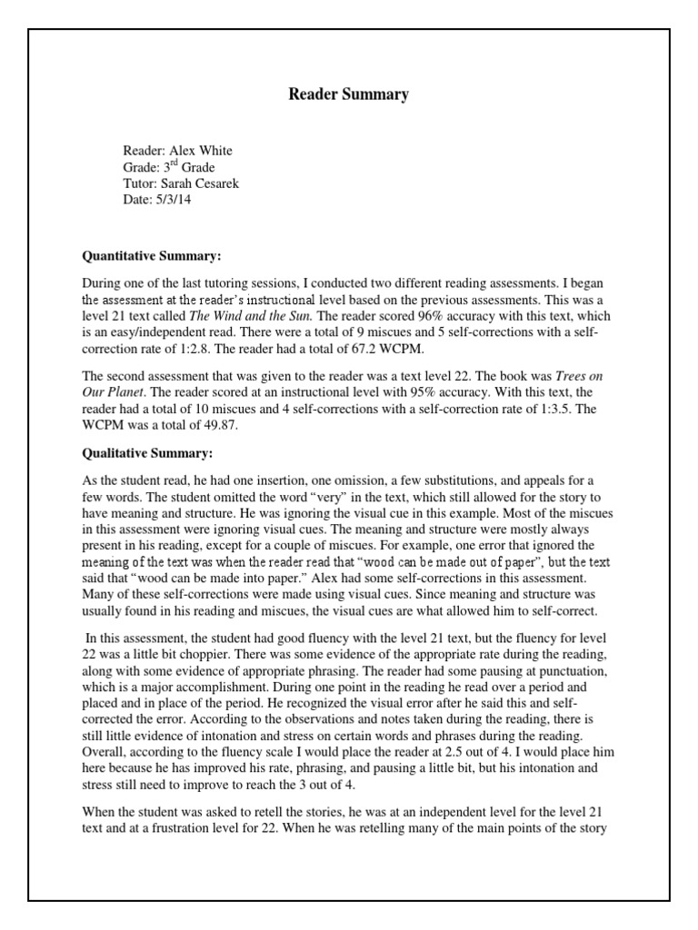 3rd Grade Reading Assessment Summary | PDF | Reading Comprehension ...