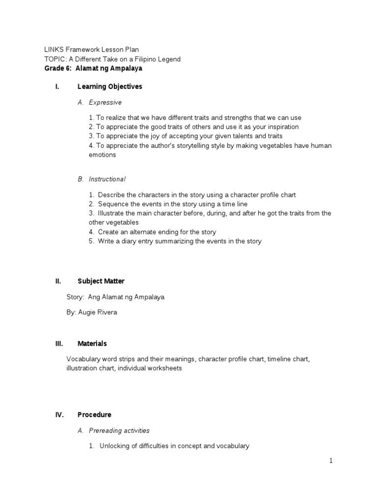 Alamat NG Ampalaya - Lesson Plan | PDF | Teaching And Learning ...