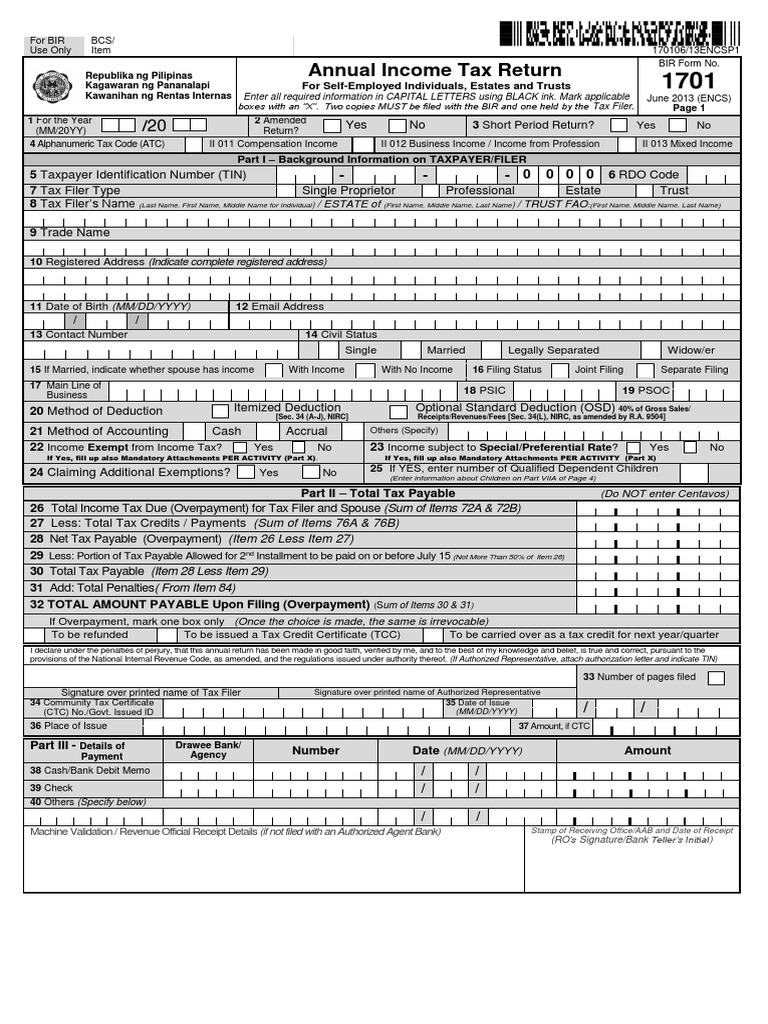 BIR Form 1701 2013 | Tax Deduction | Cost Of Goods Sold