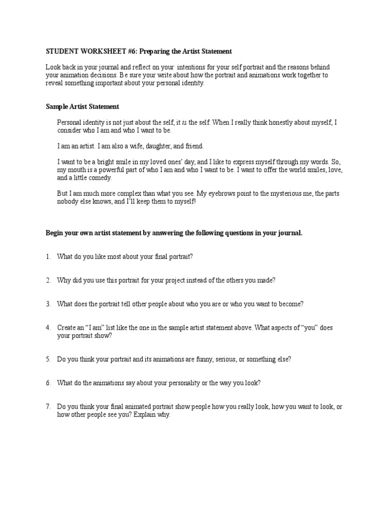 Artist Statement Worksheet for Self-Portraits | PDF | Career & Growth ...
