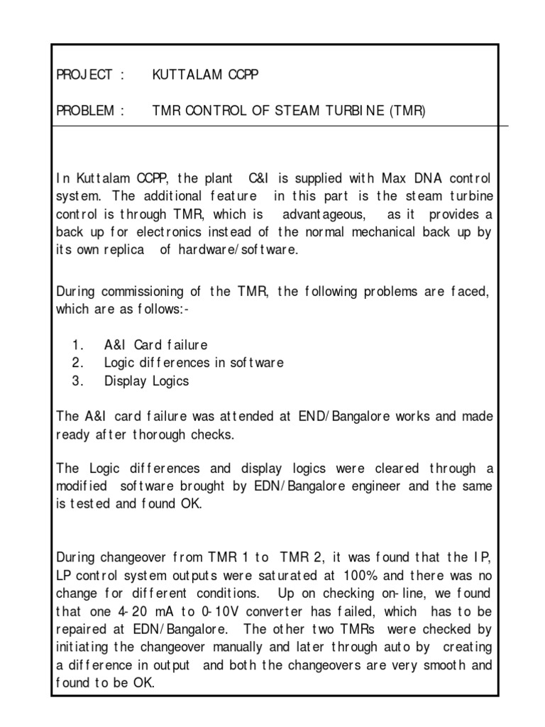 TMR Control of Steam Turbine at Kuttalam CCPP | PDF