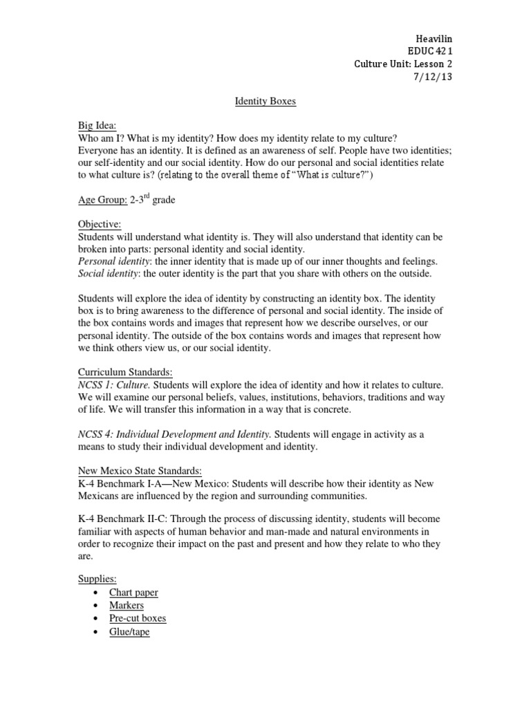 identity boxes lesson plan | Identity (Social Science) | Self Concept