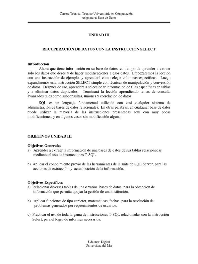 Unidad III | PDF | SQL | Servidor SQL de Microsoft