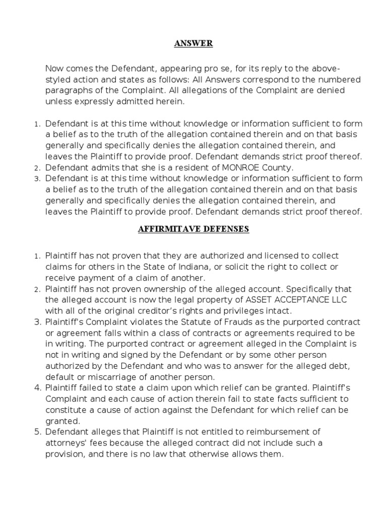 Pro Se Defendant's Answer to Complaint | PDF | Cause Of Action | Complaint