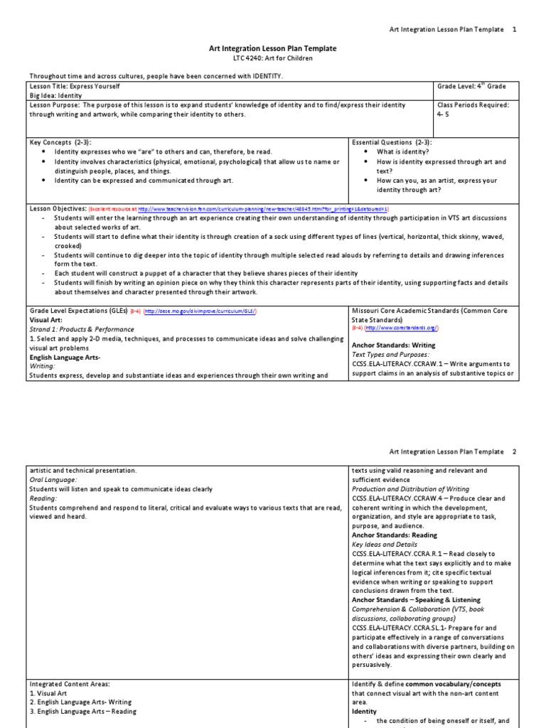 4th Grade Art Integration: Identity Lesson | PDF | Identity (Social ...