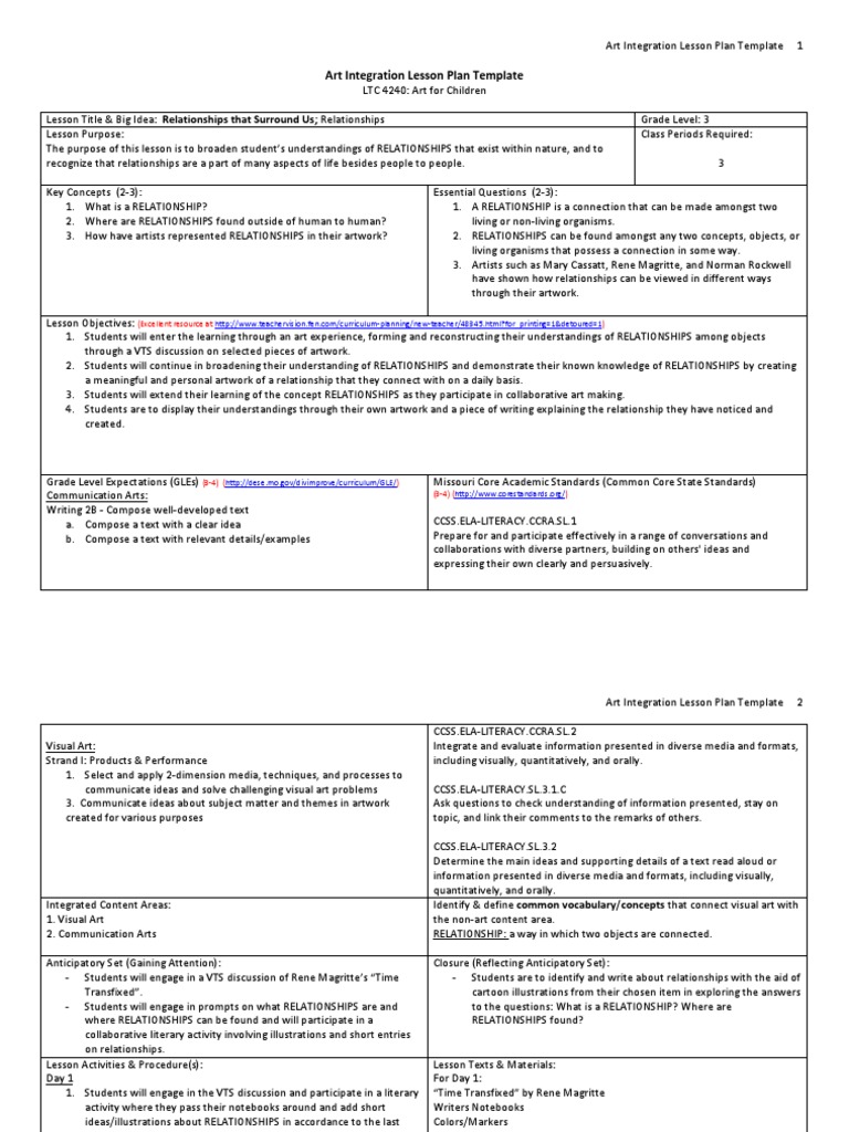 Art Integration Lesson Plan: Relationships | PDF | Lesson Plan ...