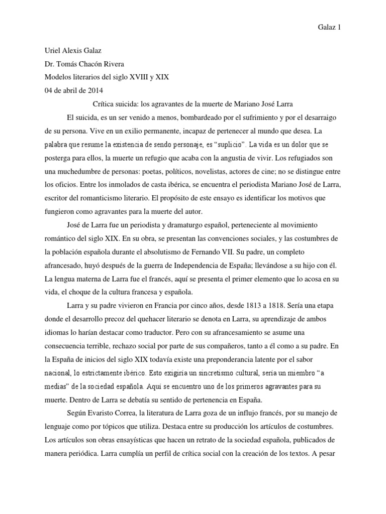 Ensayo, Suicidio de Mariano Jose Larra | PDF | Suicidio | España