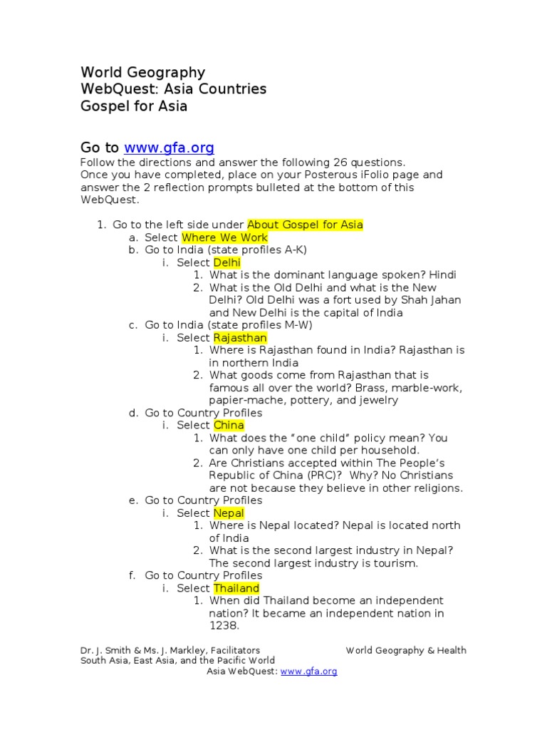 World Geography WebQuest: Asia Countries Gospel For Asia Go To | PDF ...