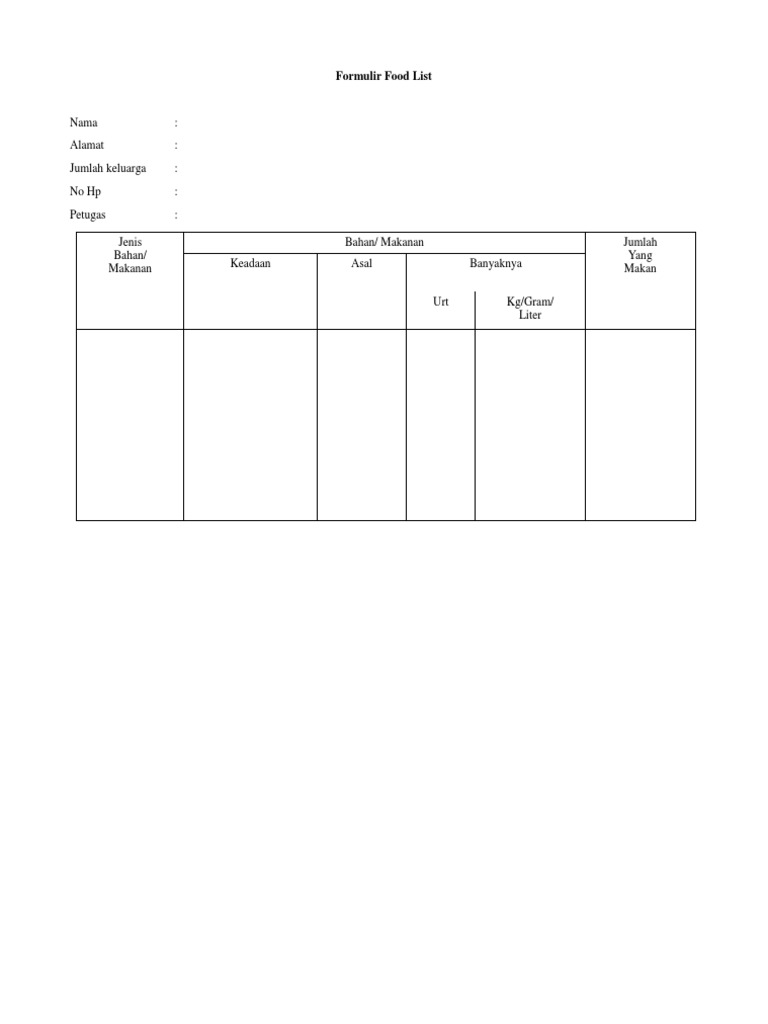 Formulir Food List | PDF