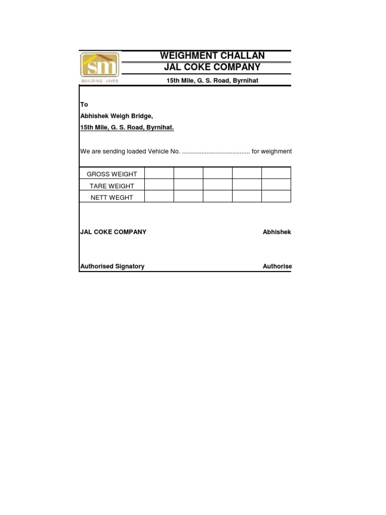 Weighment Challan for Jal Coke Company | PDF
