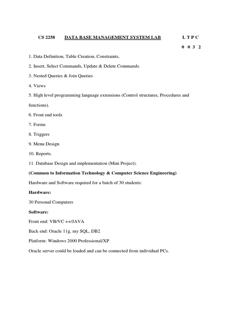 Cs 2258 Data Base Management System Lab | PDF