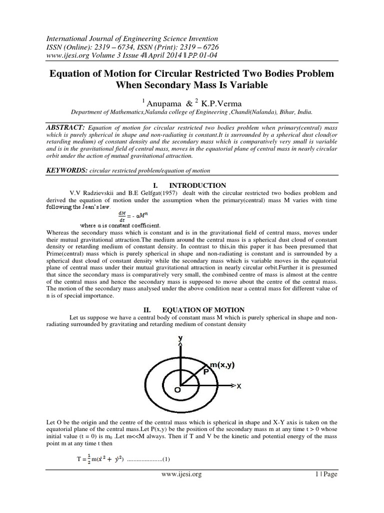 Equation of Motion For Circular Restricted Two Bodies Problem When ...