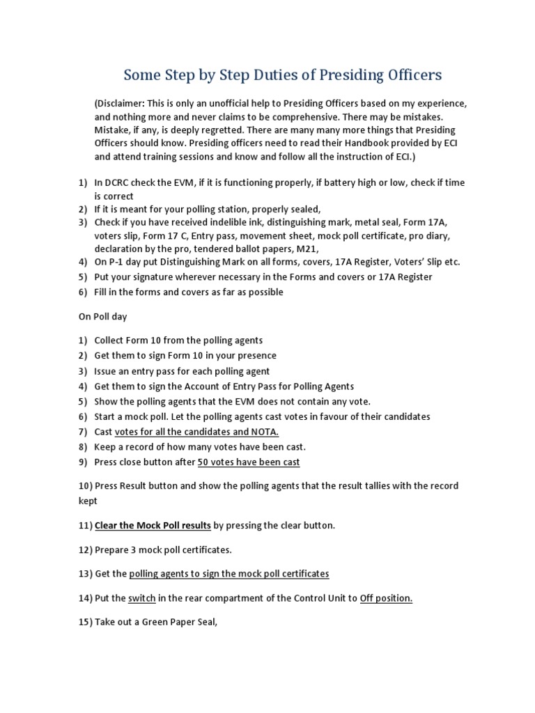 Step by Step Functions of Presiding Officers | PDF | Voting | Elections