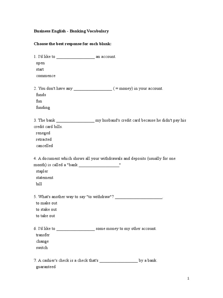 Business English Banking Vocabulary Guide | PDF | Diversification ...