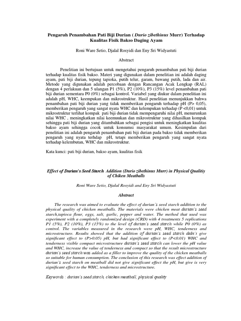 Pengaruh Penambahan Pati Biji Durian Terhadap Kualitas Kimia Dan Organoleptik Nugget Ayam Meitta ...