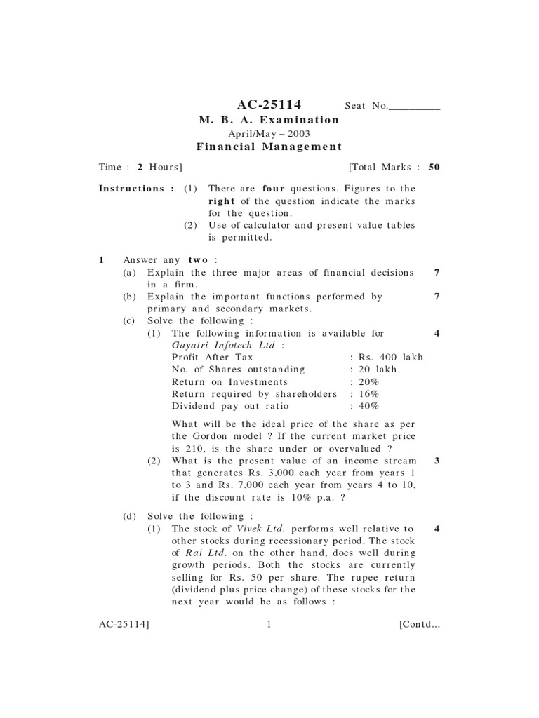 Financial Management Mba Question Paper | Money | Economies | Free 30 ...