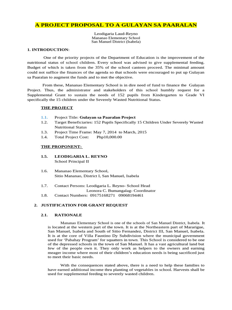 A Gulayan Sa Paaralan Project Proposal | PDF | Vegetables | Business