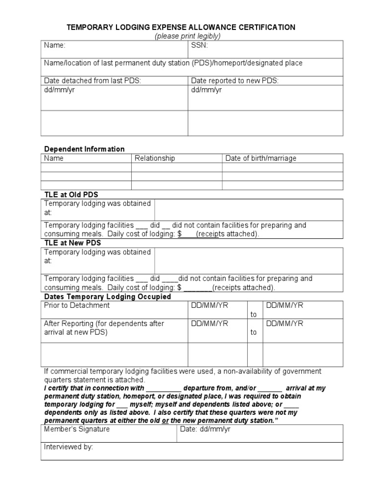 Temporary Lodging Expense Allowance Certification: (Please Print ...