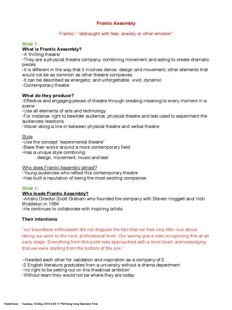 Frantic Assembly Notes | PDF | Theatre | Psychological Concepts
