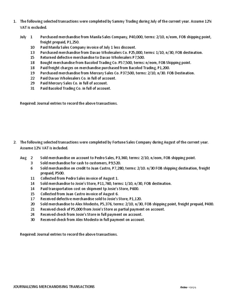 Journal Entries for Merchandising Transactions | PDF | Business | Law