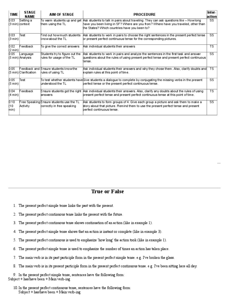 Lesson Plan Present Perfect Simple vs. Continuous | PDF | Perfect ...