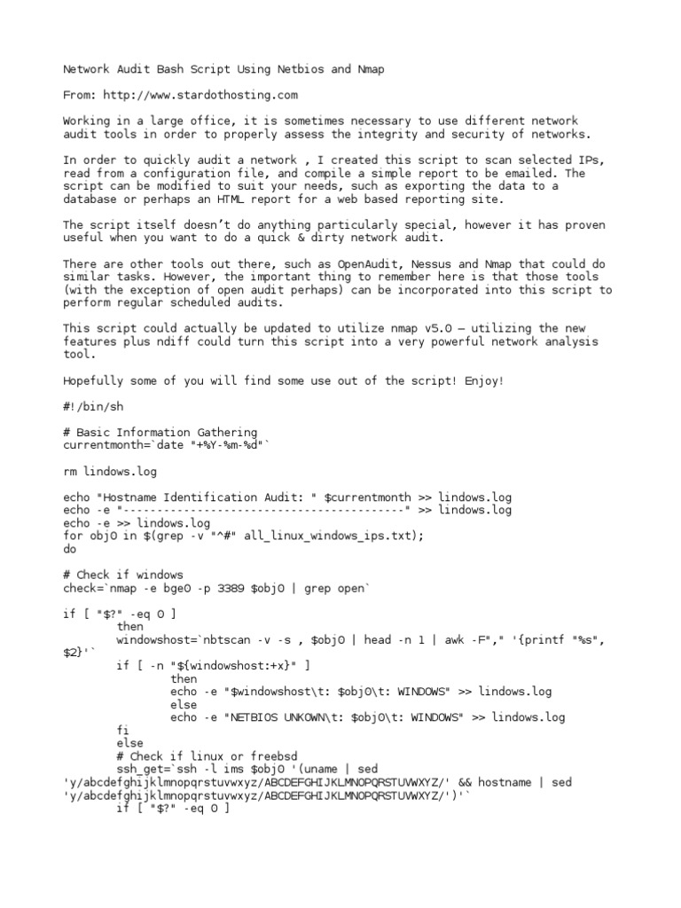 Network Audit Bash Script Using Netbios And Nmap Pdf Scripting Language System Software