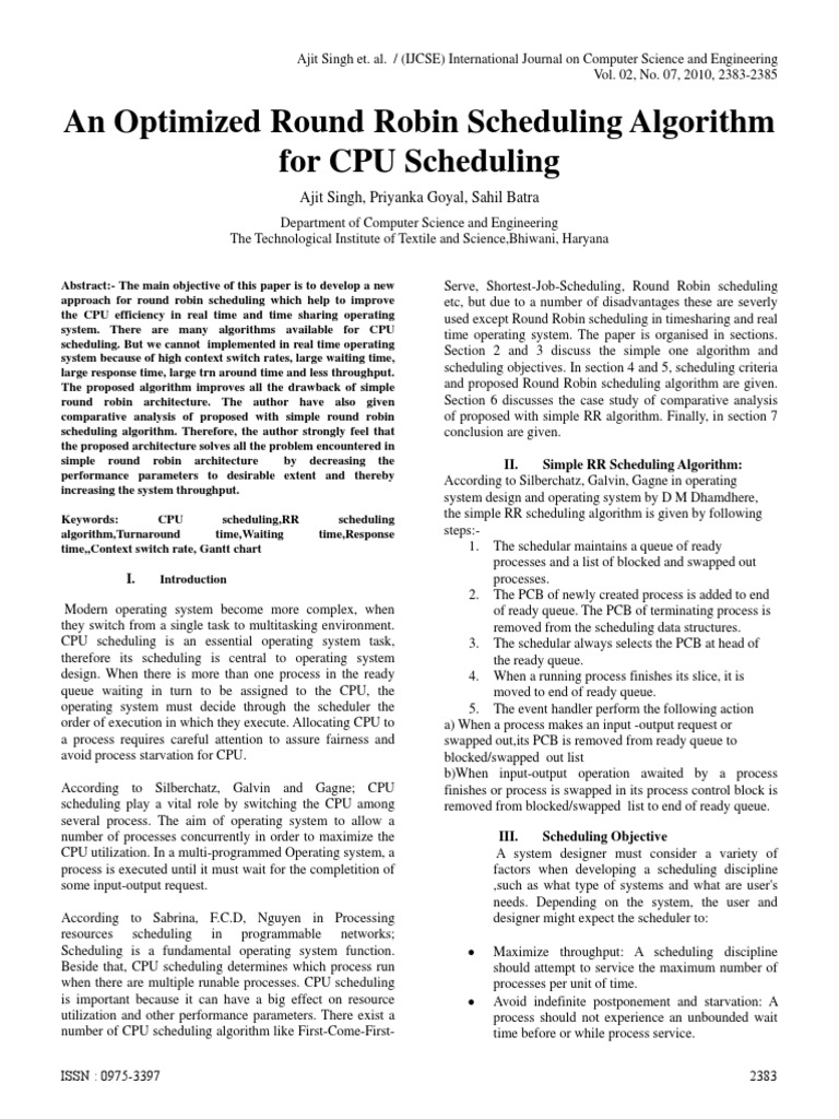An Optimized Round Robin Scheduling Algorithm For CPU Scheduling PDF | PDF | Scheduling ...